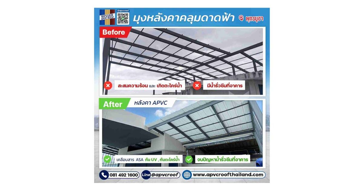 บ้านลูกค้า ที่พุทธบูชา มุงหลังคาดาดฟ้า ด้วยหลังคาเอพีวีซี ตรา เบสเซอร์ ...